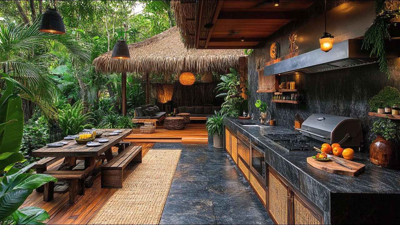 Tropical Outdoor Kitchen & Dining Oasis with Wooden Table & Cozy Lounge ...