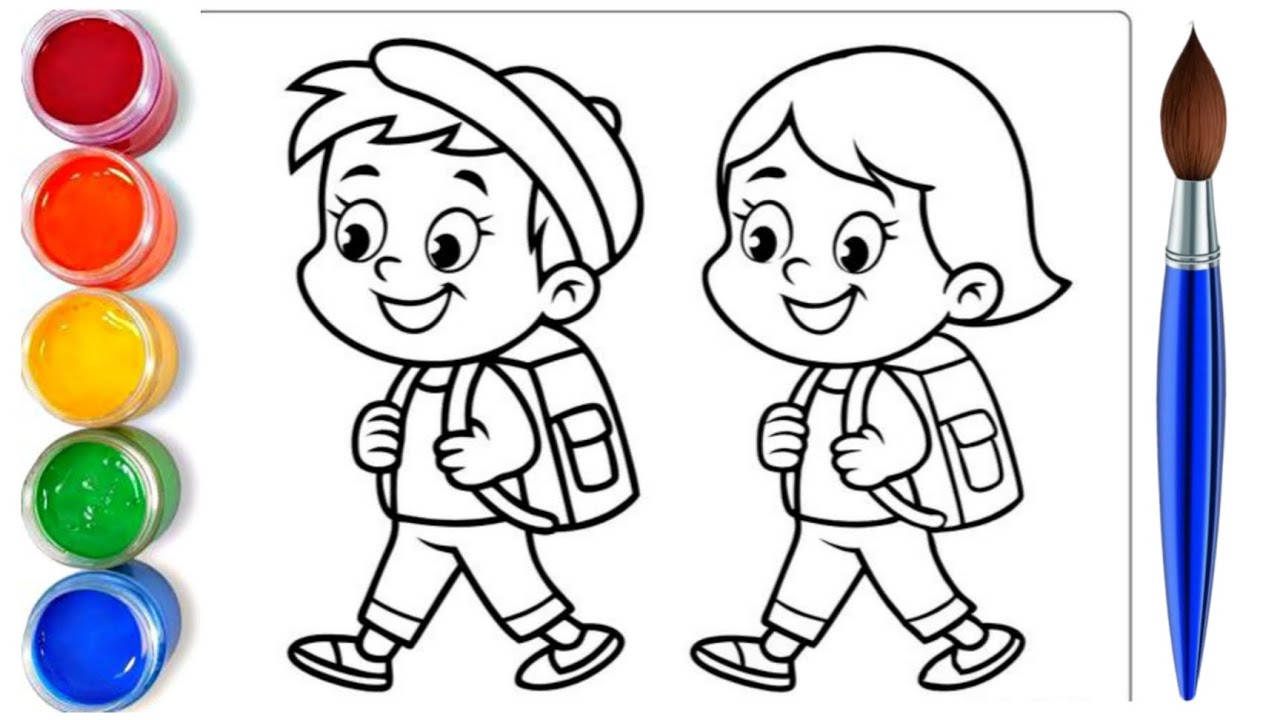 How to draw easy boy and girl going to school | easy drawing step by ...