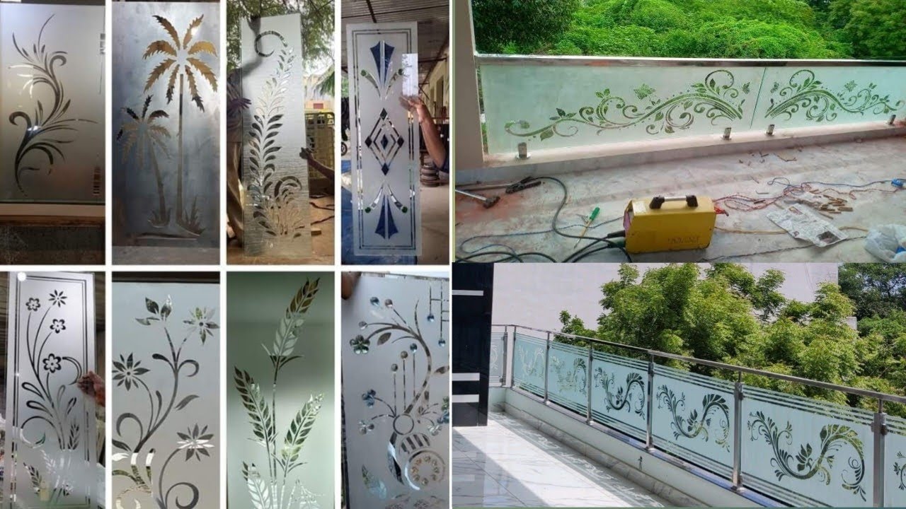 Etching glass design for balcony ideas | glass reling perapit - YouTube