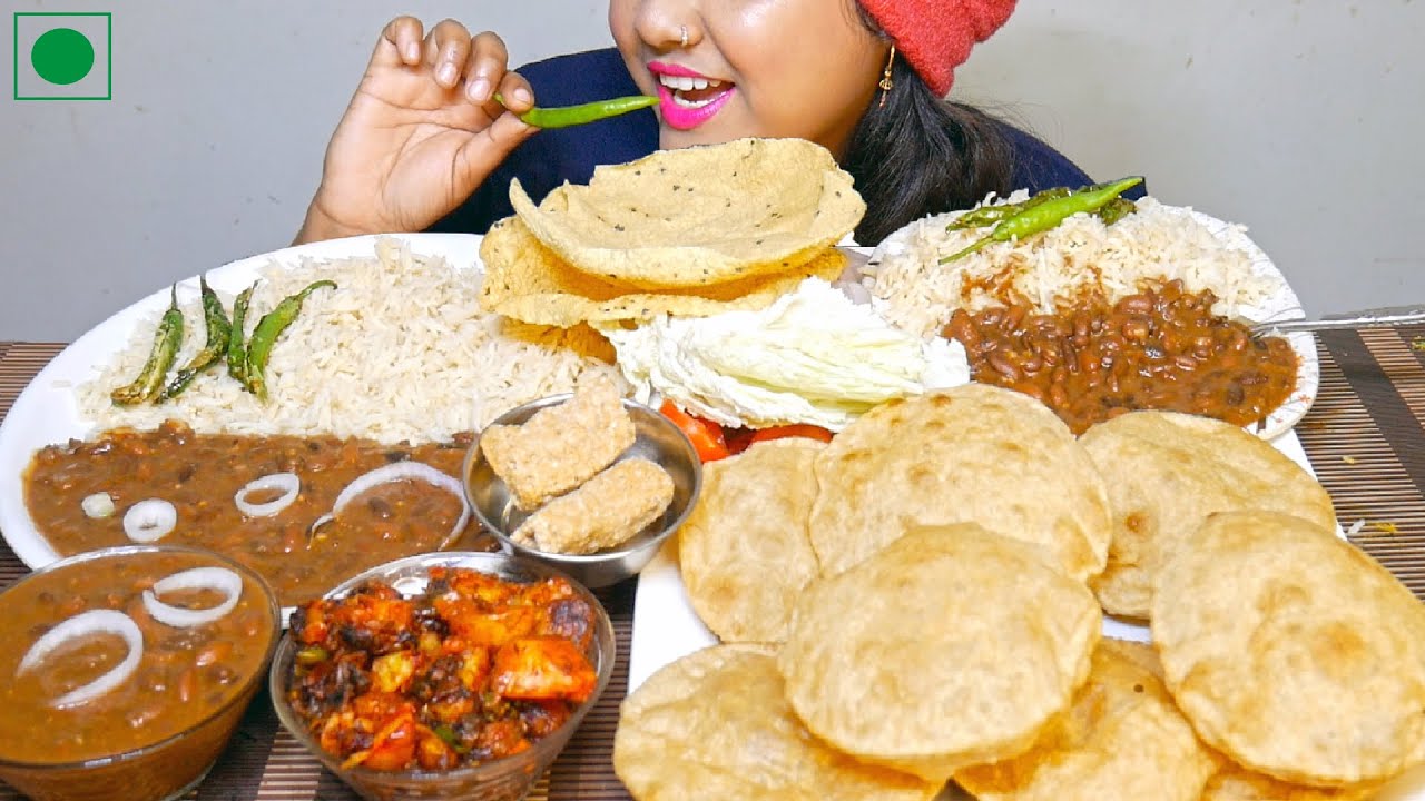 DHABA STYLE RAJMA CHAWAL EATING MUKBANG | SPICY ALOO FRY, POORI, PAPAD ...