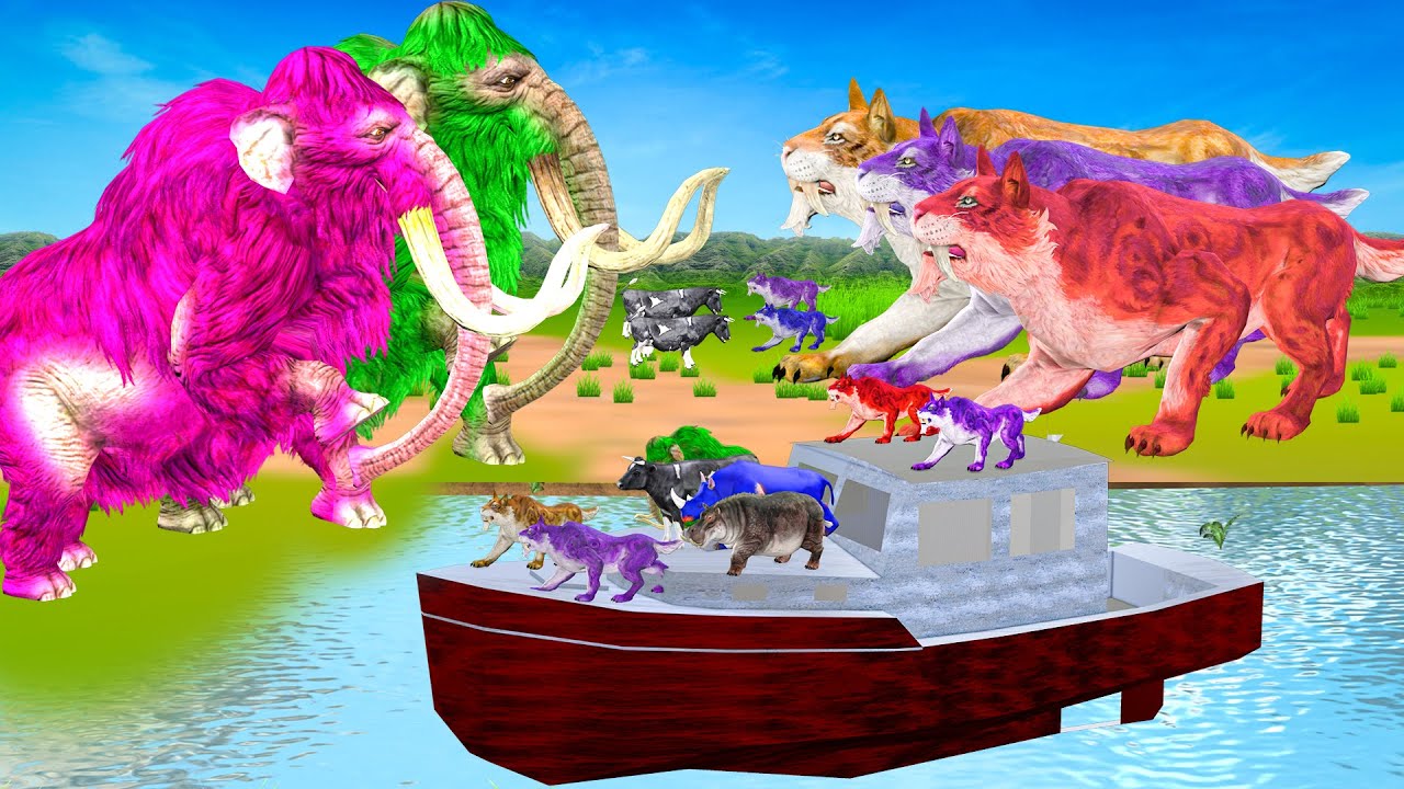 5 Saber Tooth Tigers Kidnapped Baby Mammoth Cow Cartoon Rhino Saved By ...
