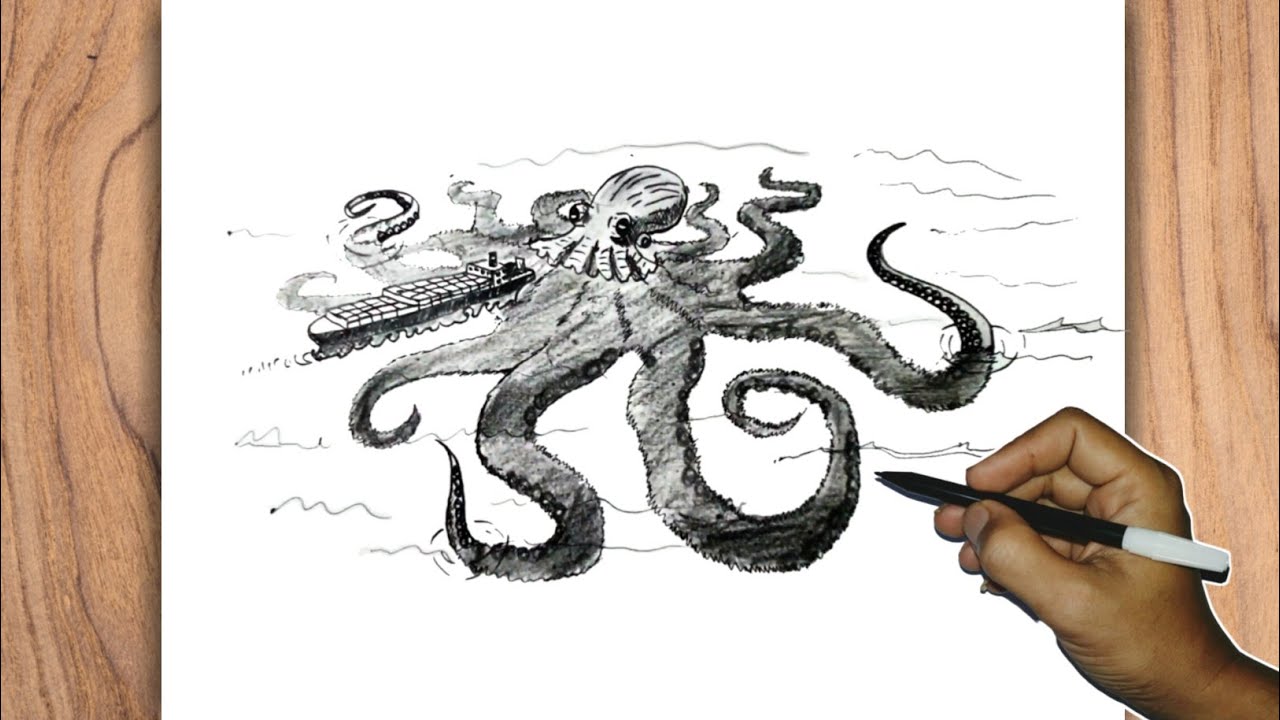 Giant Octopus Attacking Ship Drawing Giant Octopus Attack Skull In The
