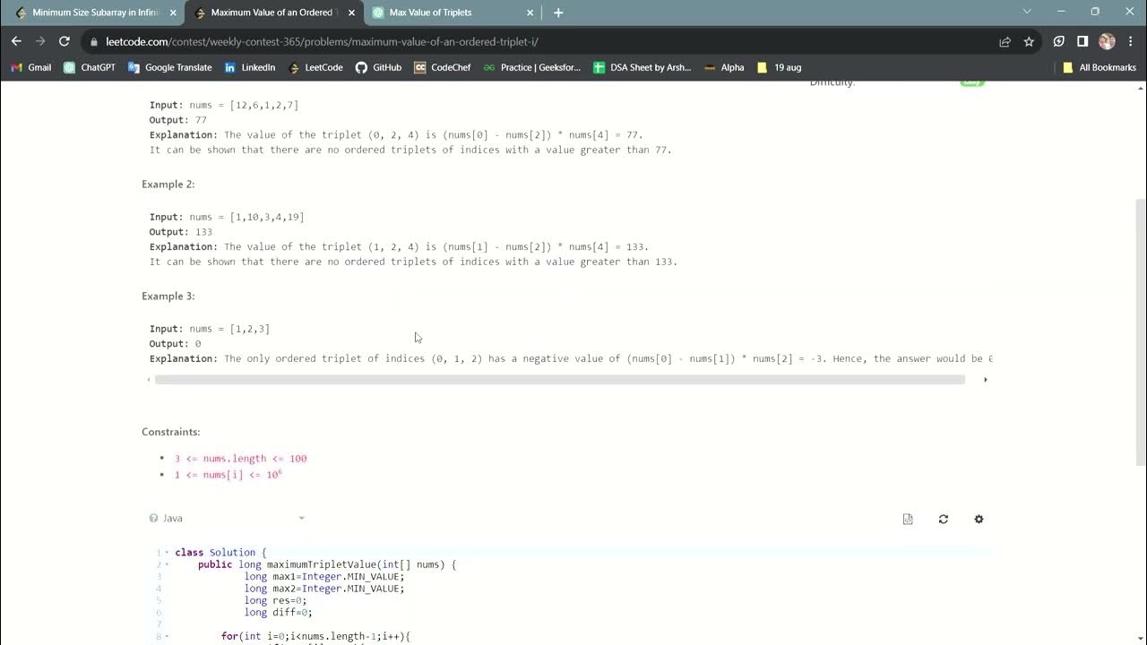 Maximum Value Of An Ordered Triplet I Leetcode Contest Weekly Contest 365 Youtube