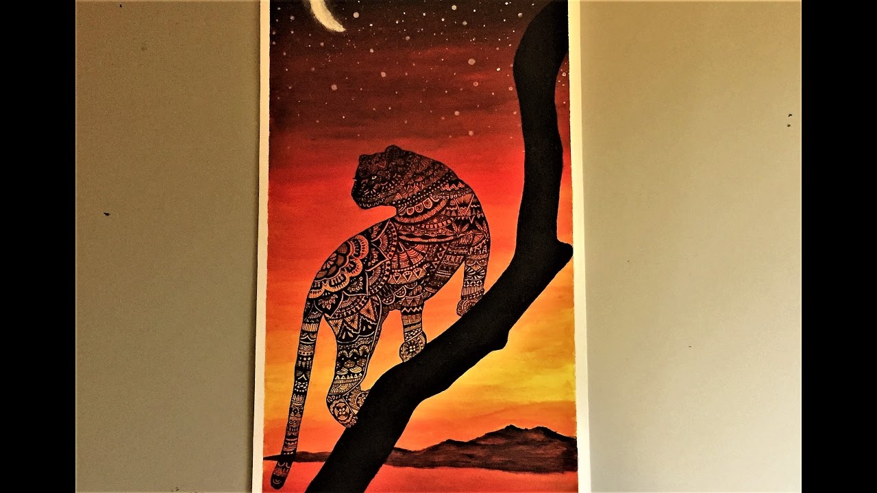 Black Jaguar Mandala Zentangle Art / Sunset Acrylic Painting Glow in ...