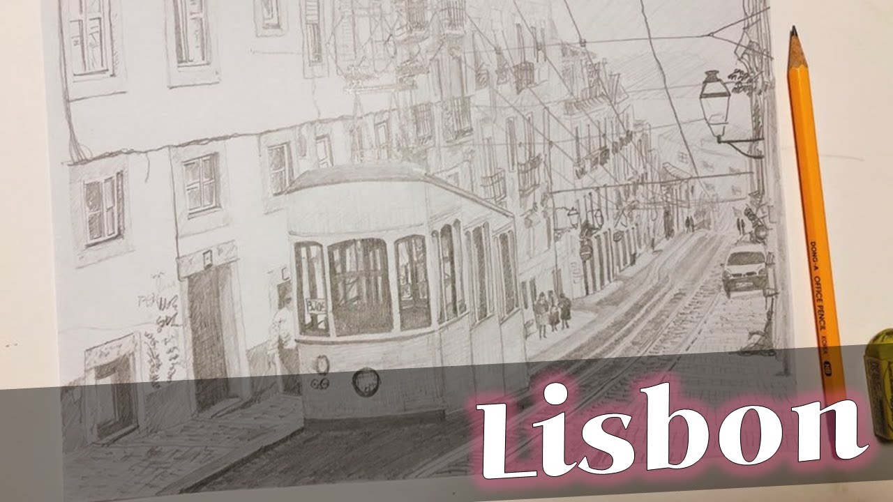 [1분 스케치] 리스본 풍경 그리기 (x64배속) - 연필로 스케치하기 landscape of Lisbon, (drawing ...