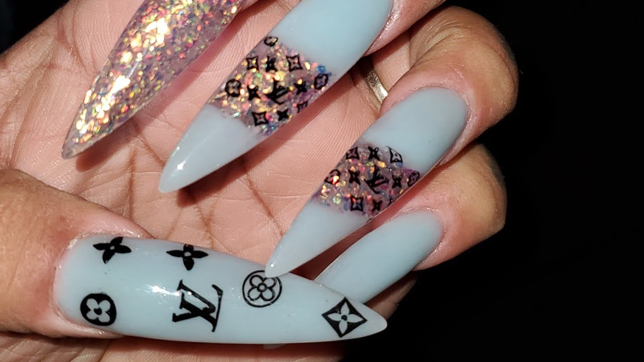 light blue nails with LV design notpolish acrylic - YouTube