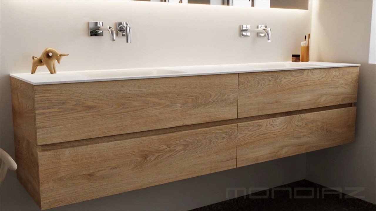 MONDIAZ Vica badkamermeubel kleur Washed Oak met solid surface wastafel - YouTube