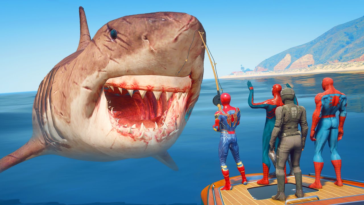 Team Spider Man Fishing Megalodon Shark | Biggest Shark in GTA 5 - YouTube
