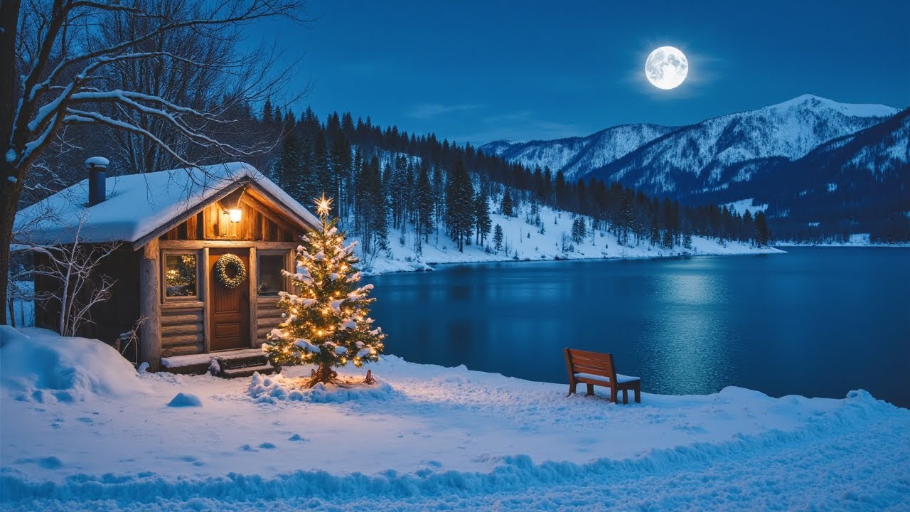 Winter night in the cold street with vintage oldies playing in another ...