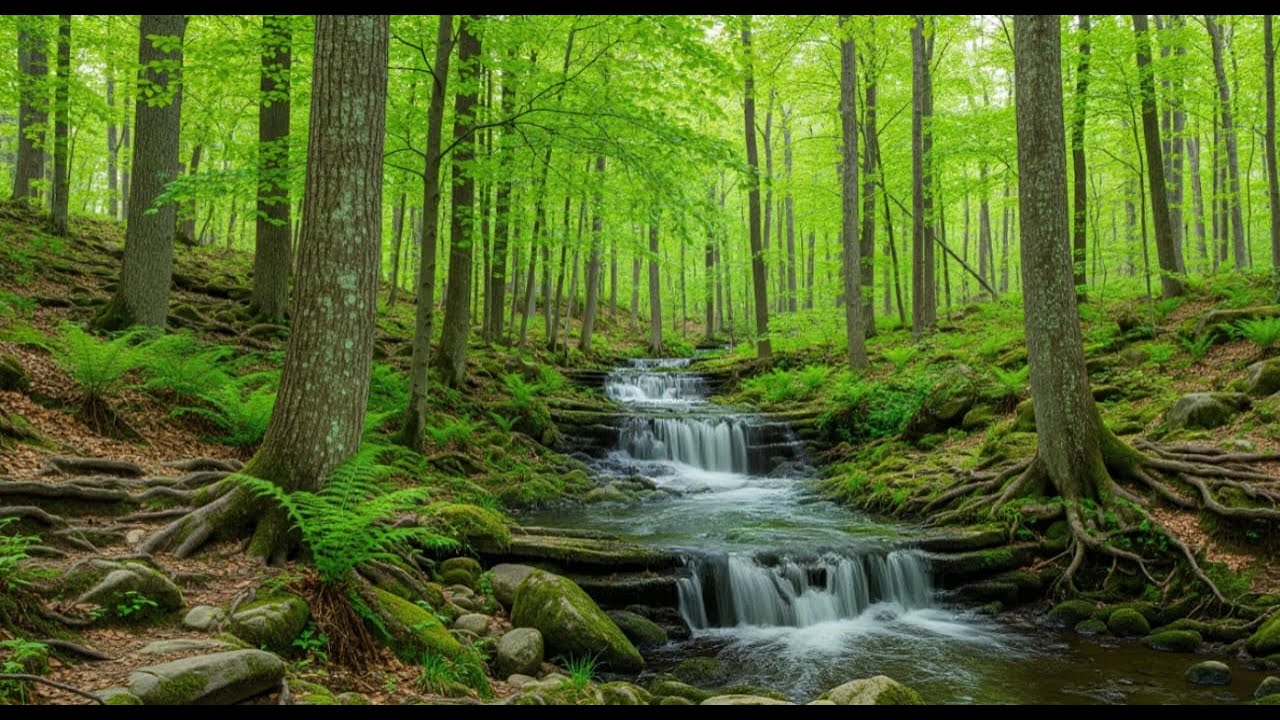 Waterfall Gentle Stream Sound in forest 24/7. Waterfall Sounds, Flowing ...