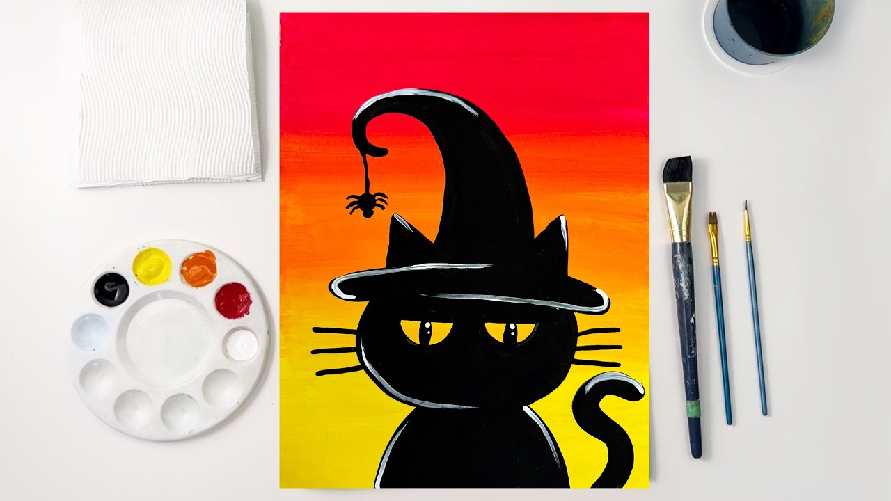 🎨Easy Halloween Cat Painting Step by Step Tutorial for Kids and ...