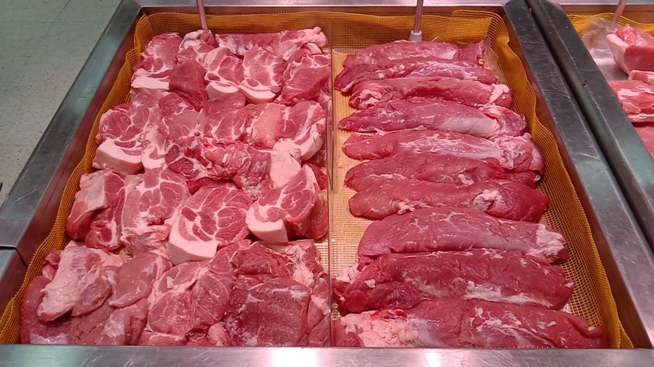 Fresh pork,chicken,fish in supermarket - YouTube