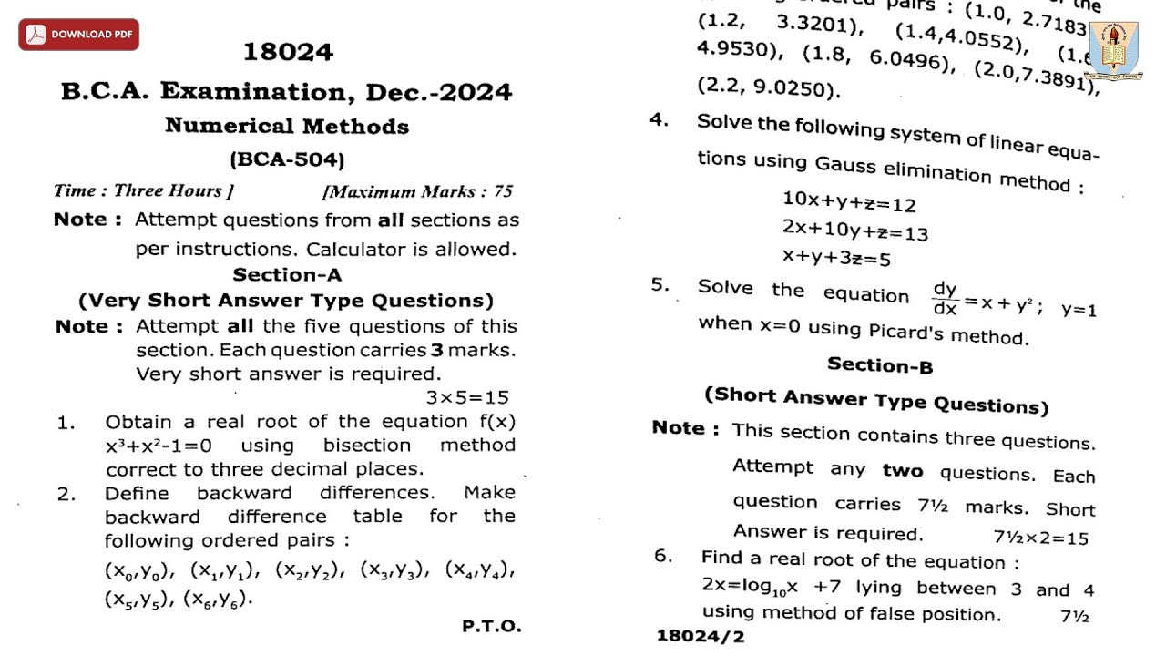 BCA 5TH SEM NUMERICAL METHODS DEC 2024 | CCSU - YouTube
