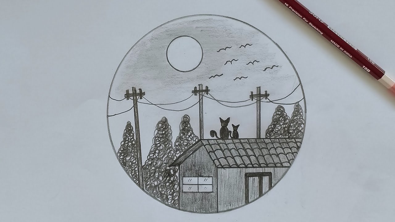 How to draw house drawing in circle || circle drawing || treee, cat ...