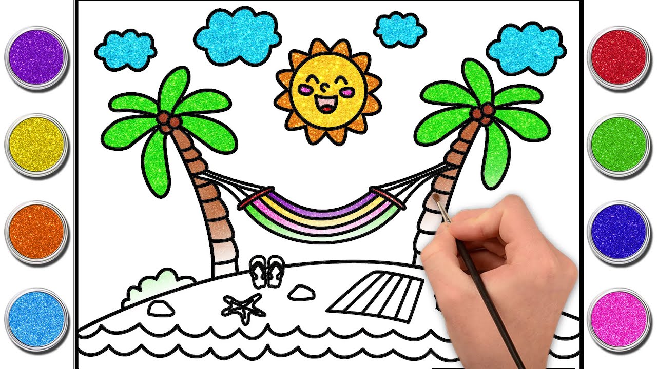 How to Draw Simple Beach Landscape Picture | Drawing, Painting and ...