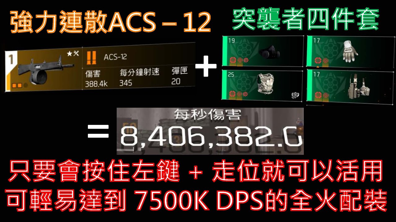 [亞德里恩] ACS-12連散 + 突襲者套裝 = 7500K 以上DPS的全火配裝｜全境封鎖2｜Tom Clancy's The ...