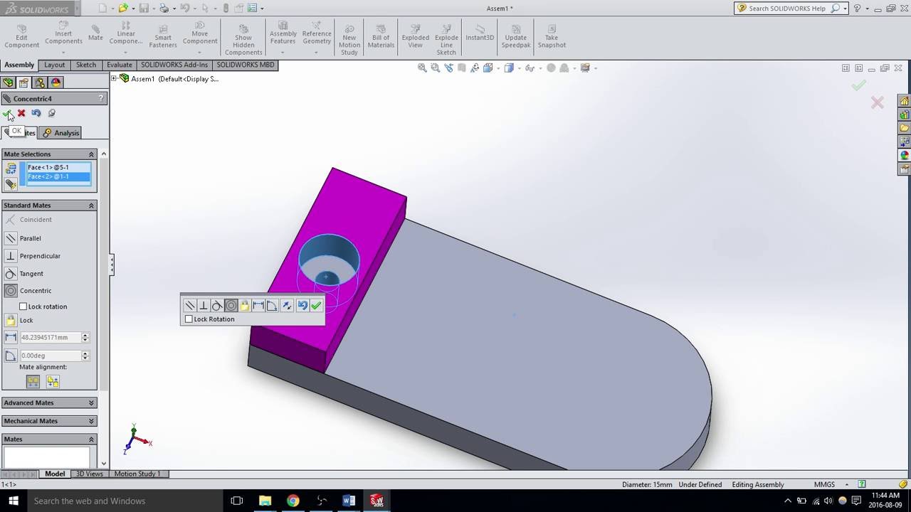 Bigger hole mating smaller one (concentric mate) - solidworks 2015 ...