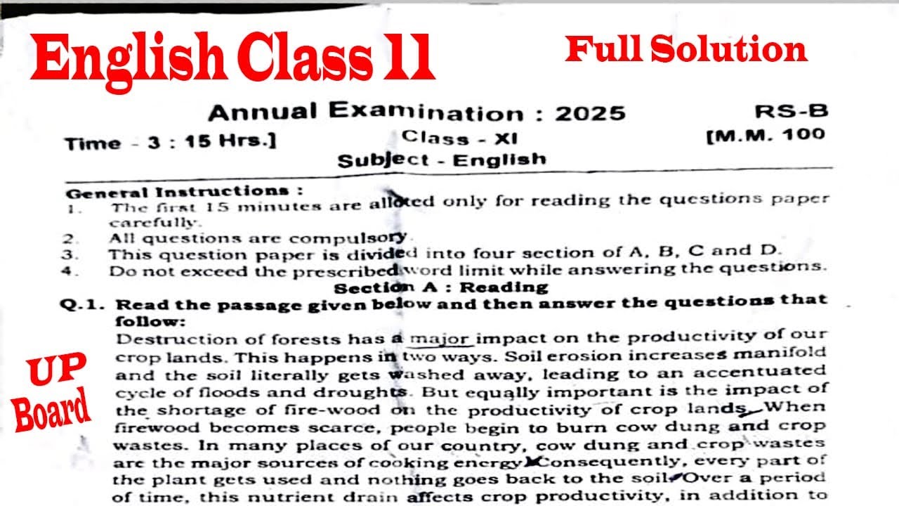 UP board Class 11 English Paper with solution | Solution English Paper ...