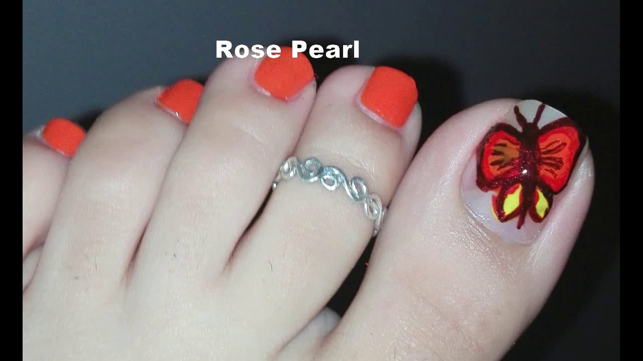 Orange Butterfly Pedicure- Summer and Fall Toe Nail Art Tutorial Rose ...