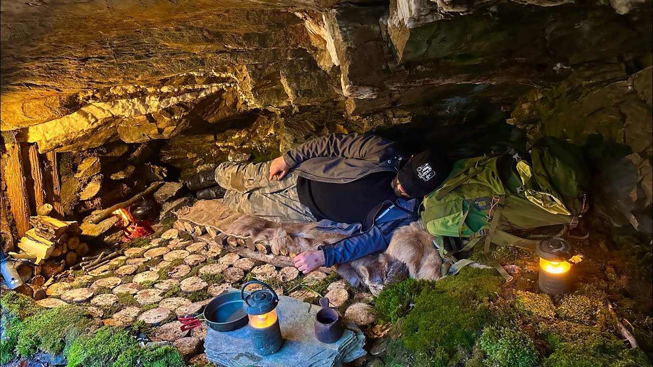 BUSHCRAFT Camping; I Built a CAVE with Fireplace, SURVIVAL SHELTER ...