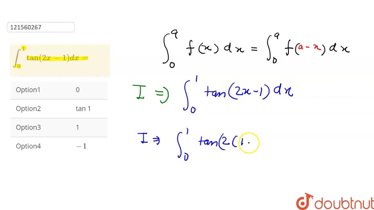 `int_(0)^(1)tan (2x-1)dx=` - YouTube