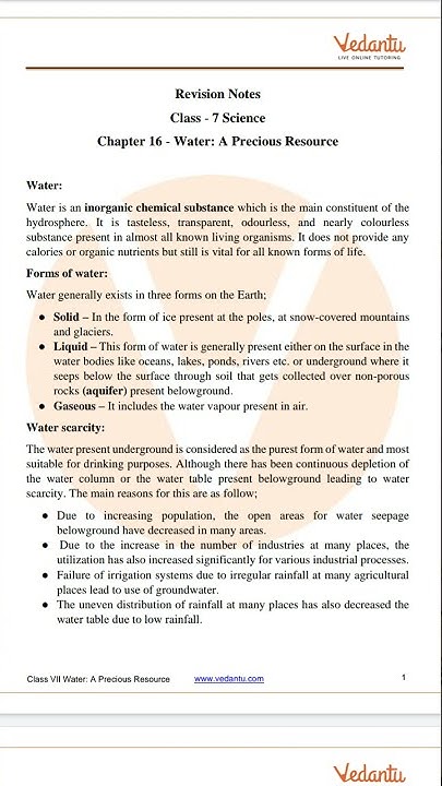 Class 7 Science chapter 16 water:a previous resources notes|Water class ...