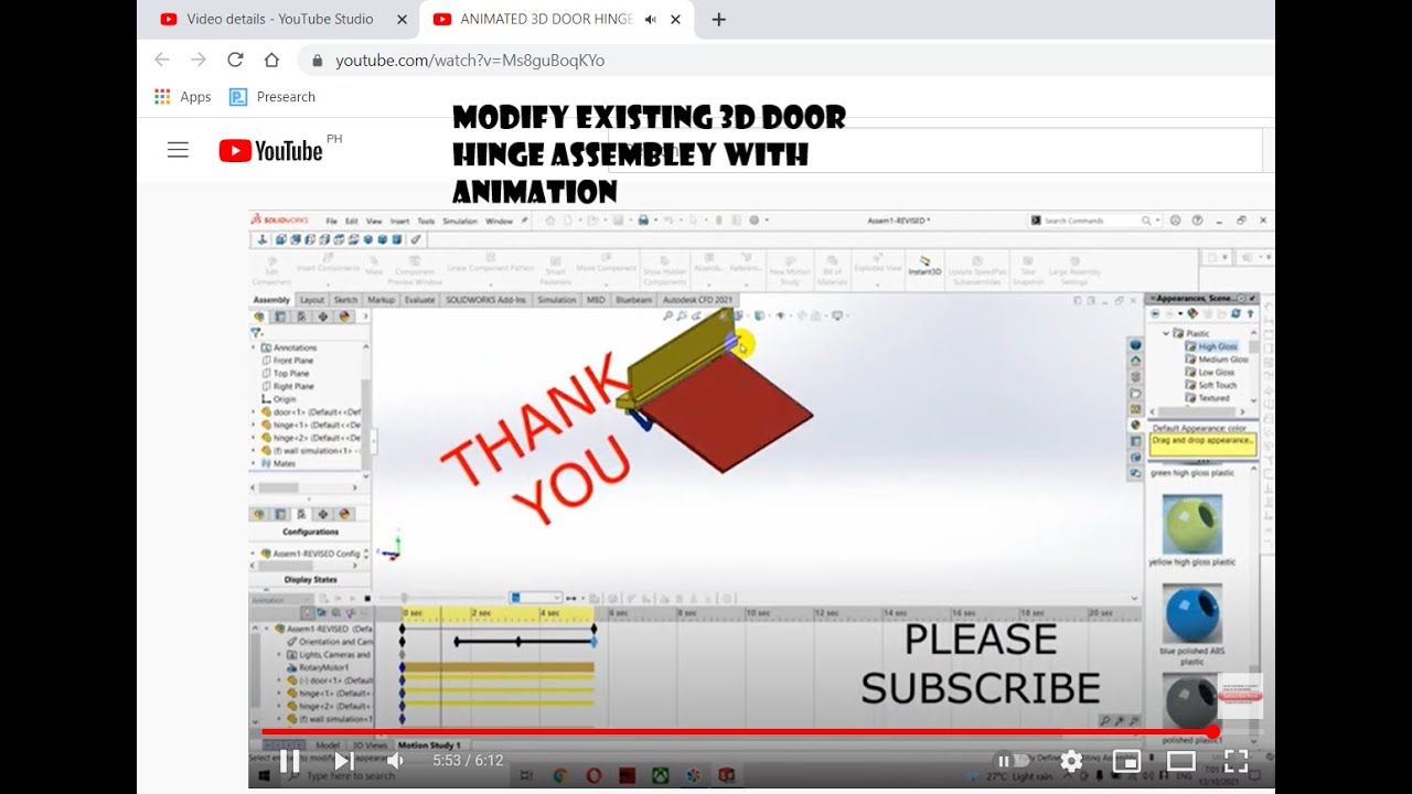 ANIMATED 3D DOOR HINGE IN SOLIDWORKS 2020 - YouTube