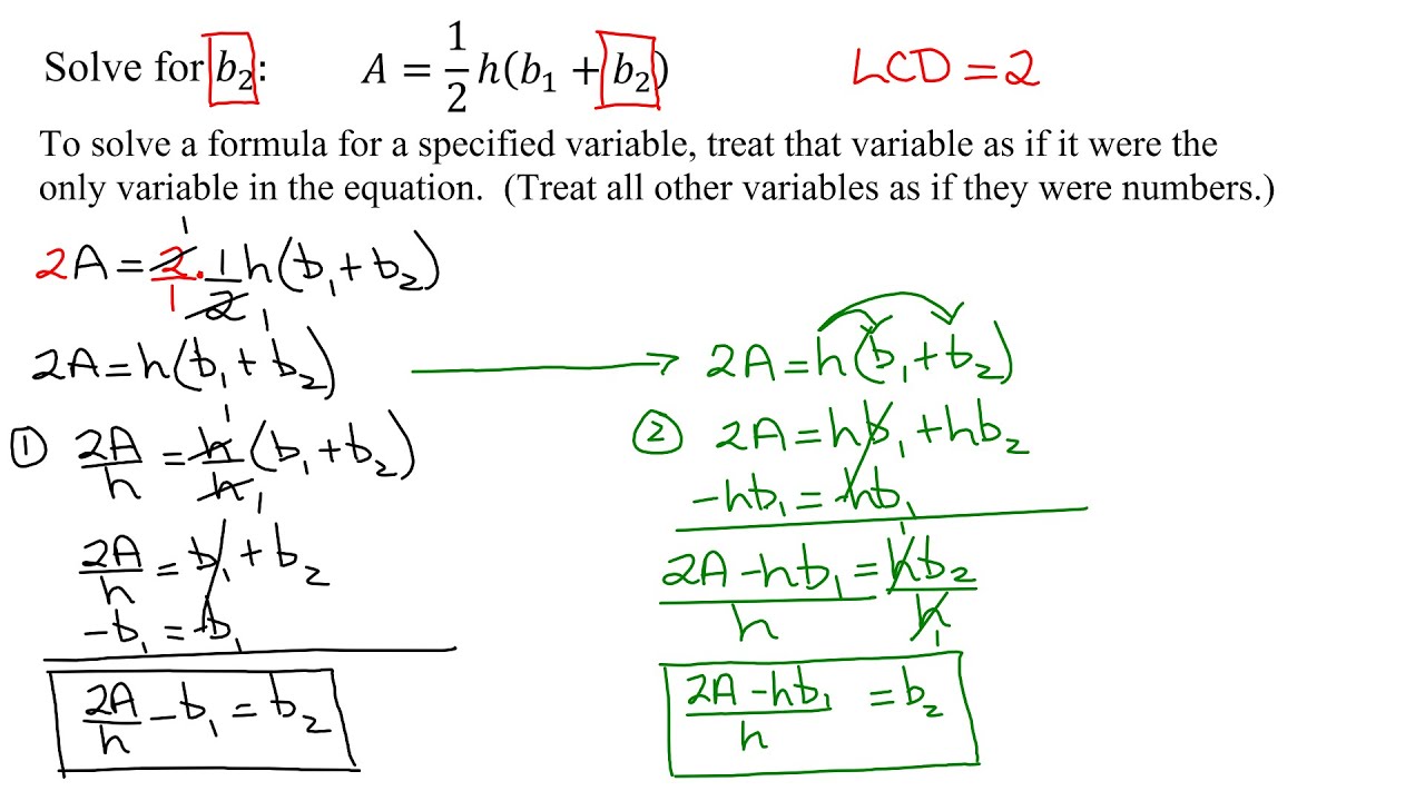 Solve Literal Equation Formula Solve A 1 2 h b1 b2 For B2 YouTube