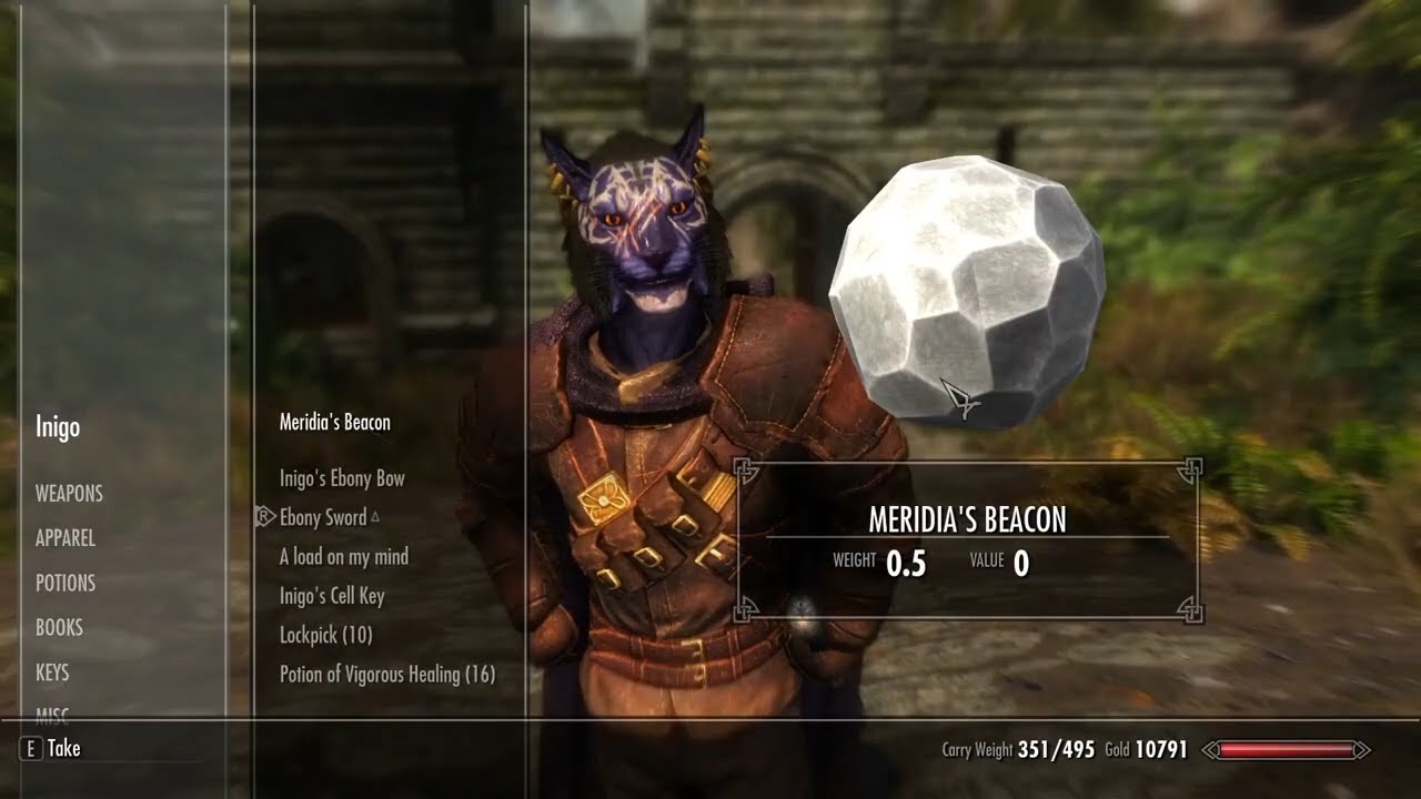 Inigo's hand touches the Meridia's beacon. Skyrim Anniversary Edition ...