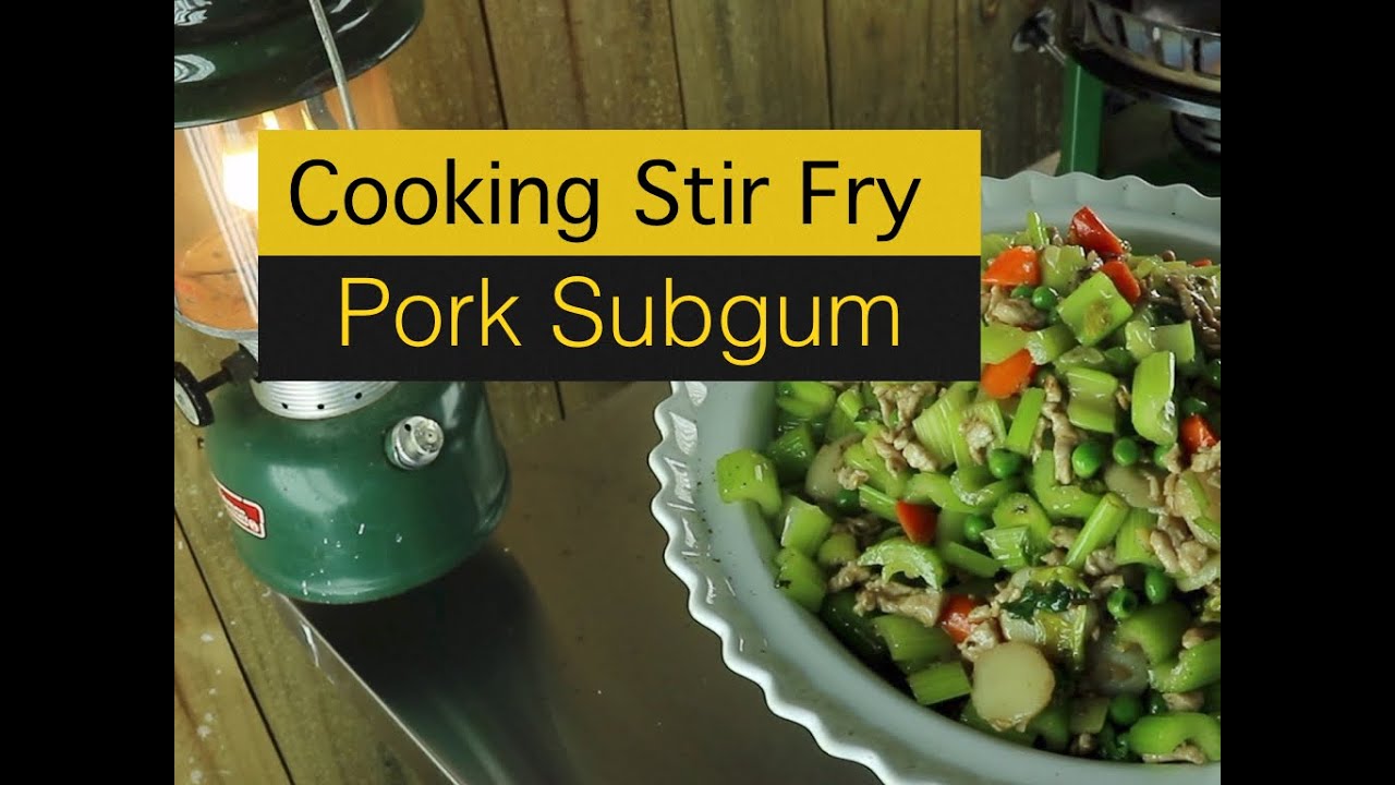 cooking pork subgum stir fry on brs-7 camping stove - YouTube