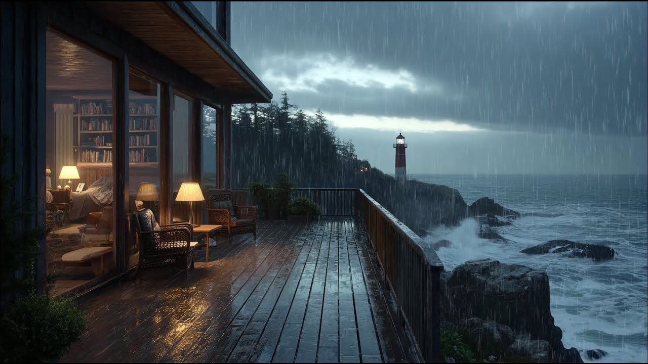🌧️ Cozy Lighthouse Cabin in Ocean Storm – Rain & Waves Ambience for ...