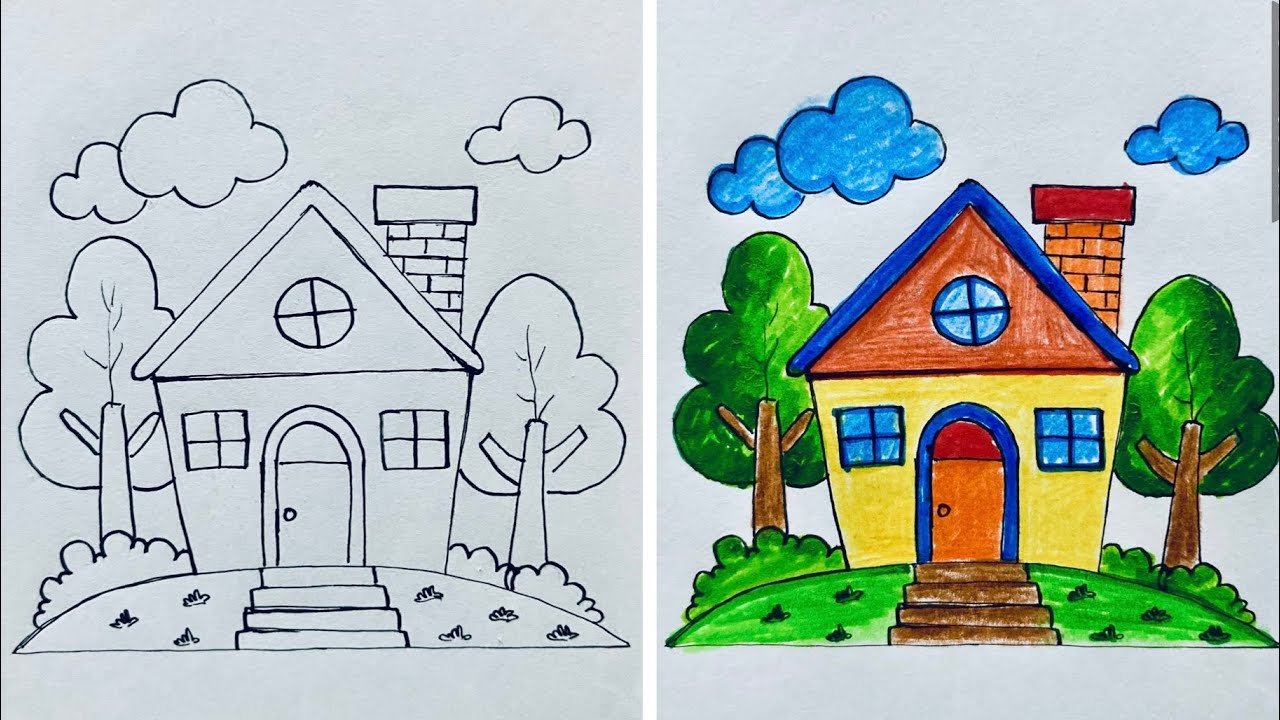 How to draw An Easy Cartoon House Drawing For Kids - YouTube