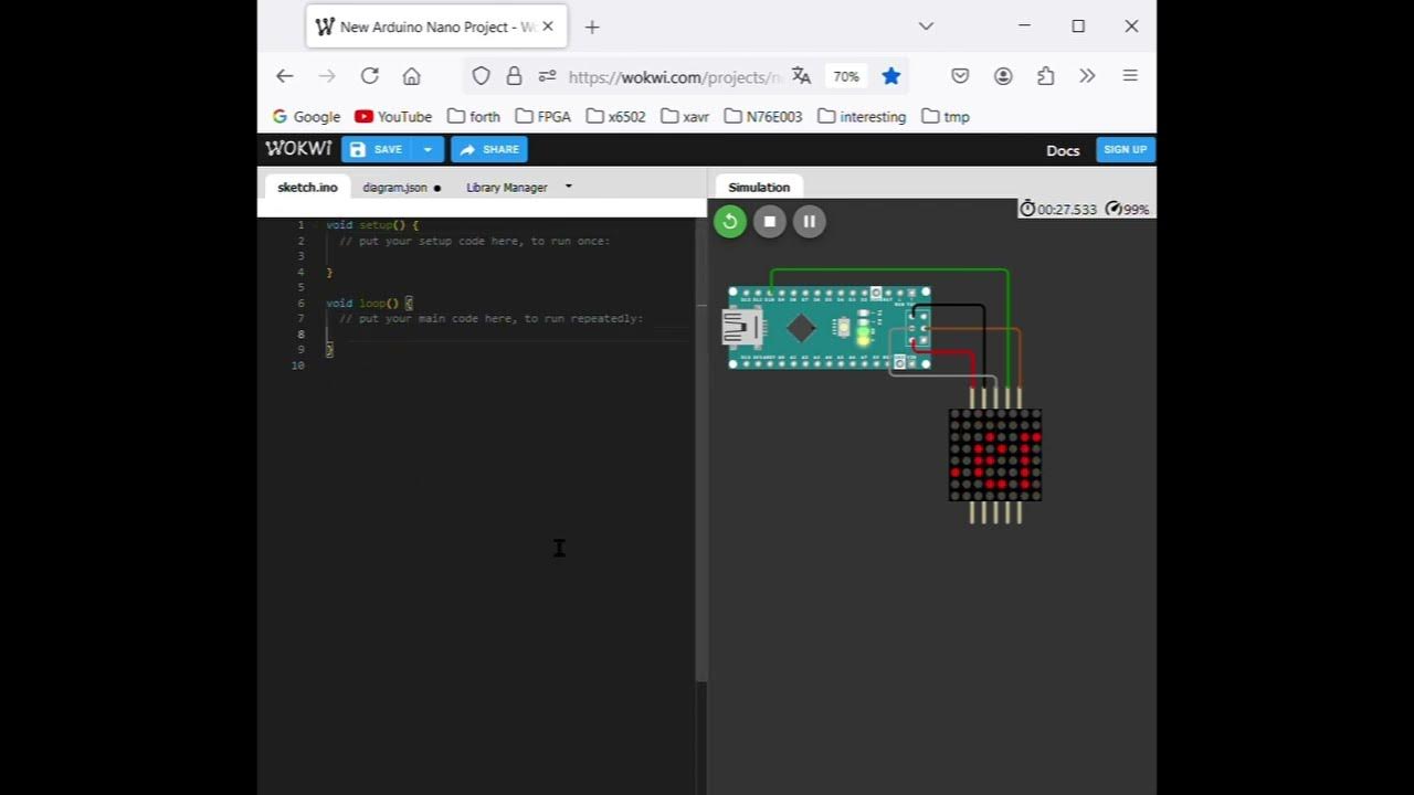 Arduino nano text scroller forth demo, cross compiled with jeforth-remix. - YouTube