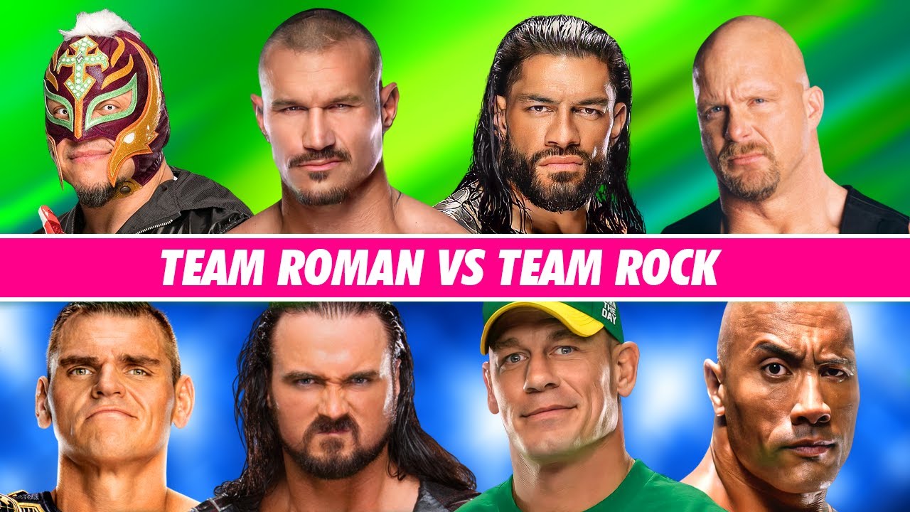 John Cena & Rock & Gunther & Drew vs. Mysterio & Stone Cold & Roman ...