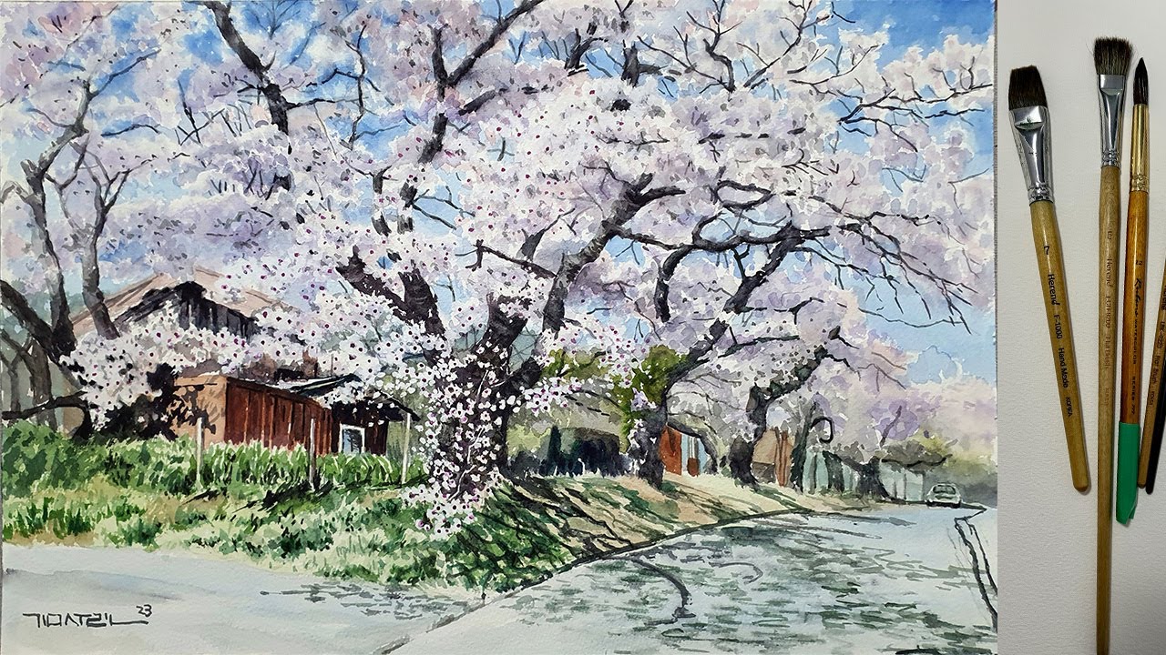Watercolor Cherry Blossom Tree Landscape Painting - YouTube