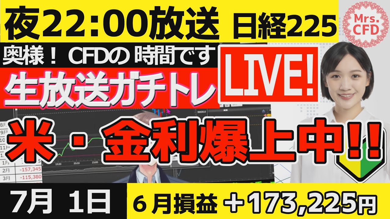 【日経225CFDライブ】7月1日22:00～米金利爆上中・今夜は下げるよ日経平均 - YouTube