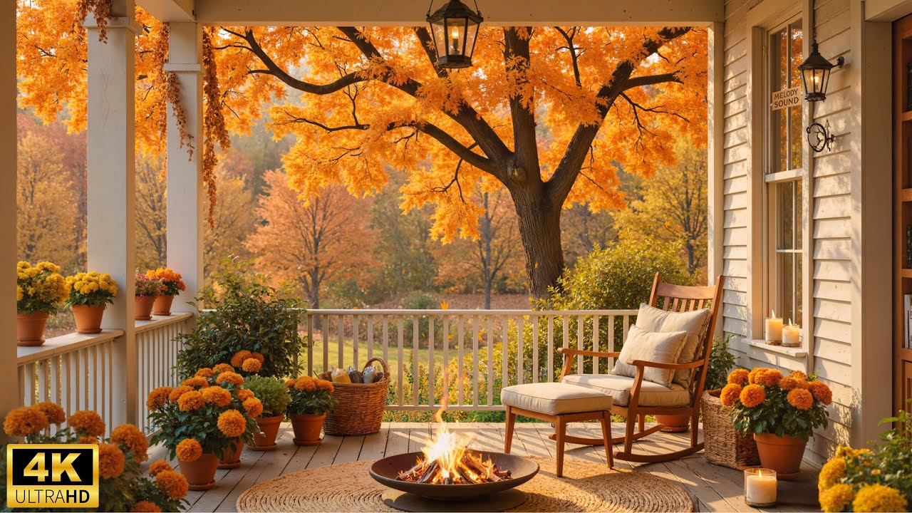 Cozy Autumn Porch Ambience – Soft Piano & Crackling Fire Sounds | Calm ...