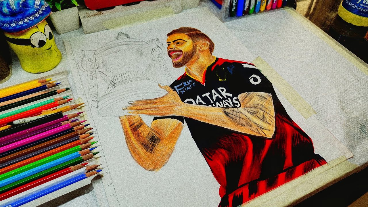 King 👑 Kohli With IPL Trophy Drawing, Coloring Part 03, Tutorial Step ...