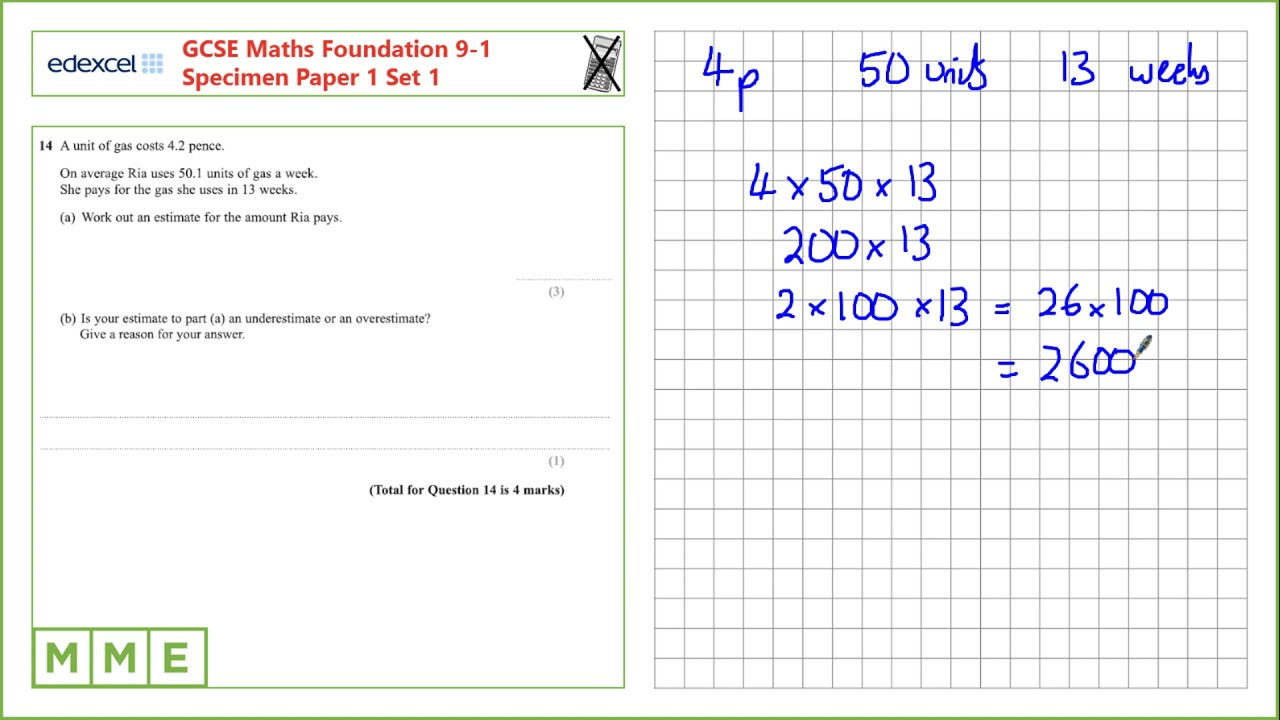 GCSE Maths EDEXCEL Specimen Set 1 Foundation Paper 1 Q14 Estimations ...
