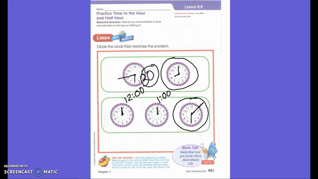 First Grade Math Lesson 9.9 Telling Time - YouTube