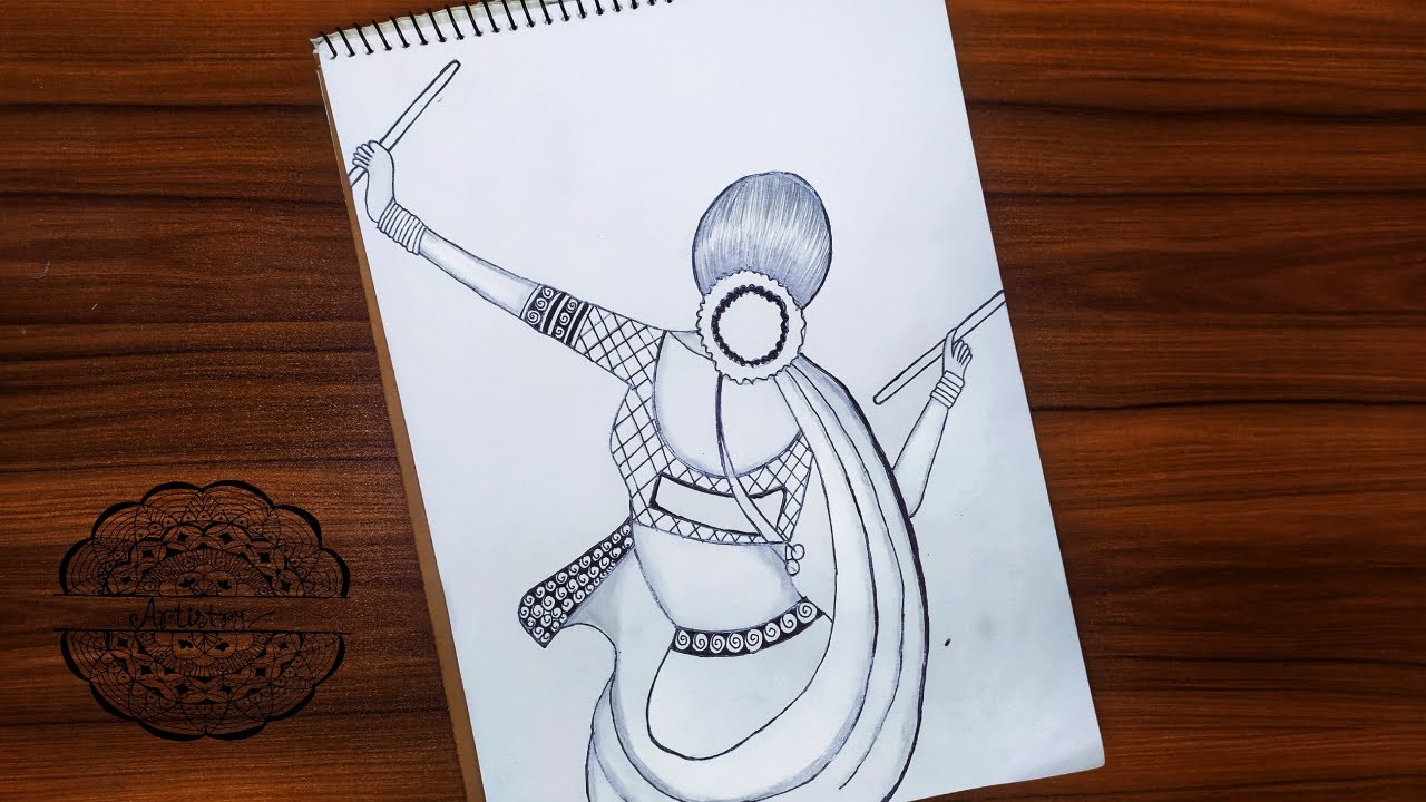 How to draw a Traditional girl with Dandiya dance -step by step II Girl ...