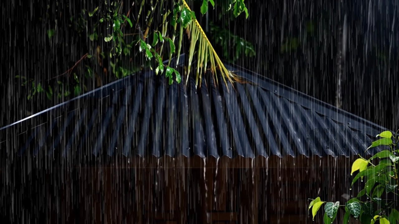 Heavy Rain Atmosphere on Corrugated Zinc Roof Traditional Wooden Hut ...