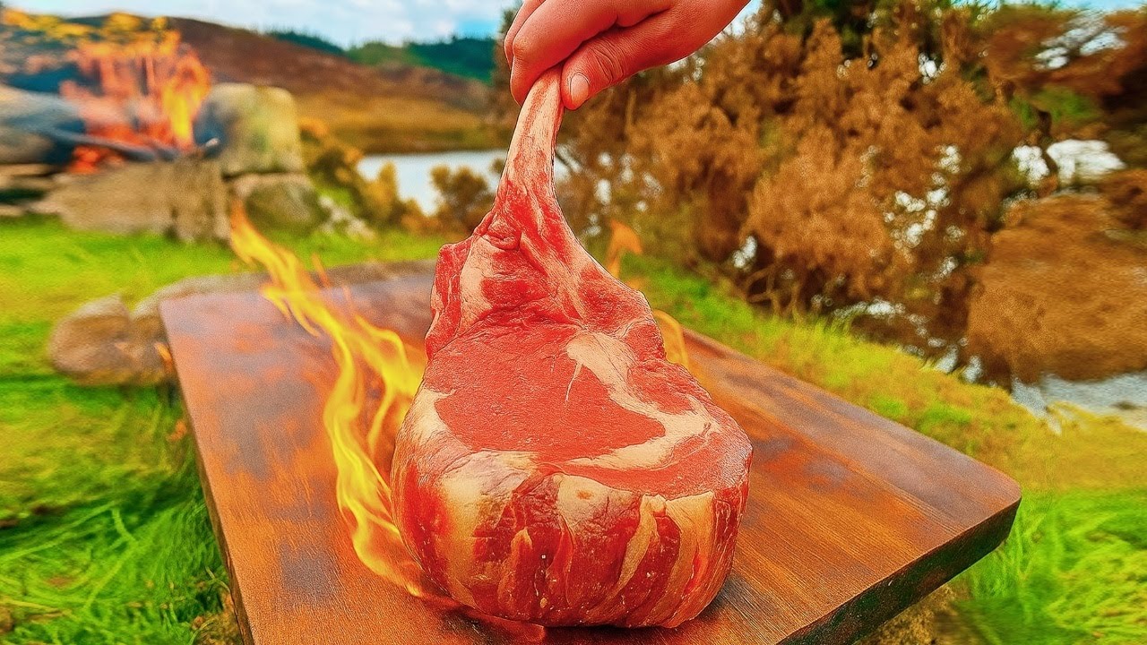 Epic Tomahawk Steak ASMR | Cooked Over Open Fire in the Wild 🔥🌲 - YouTube