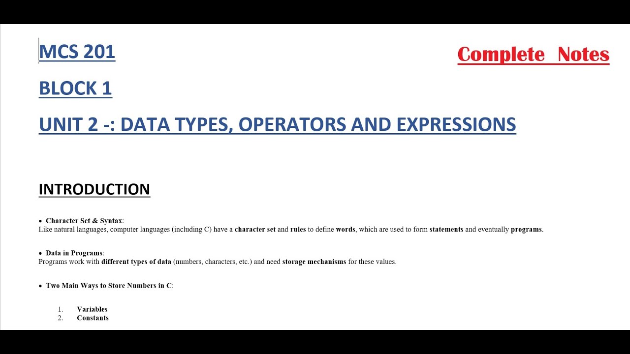 MCS 201 | BLOCK 1 | UNIT 2 | DATA TYPES, OPERATORS AND EXPRESSIONS ...