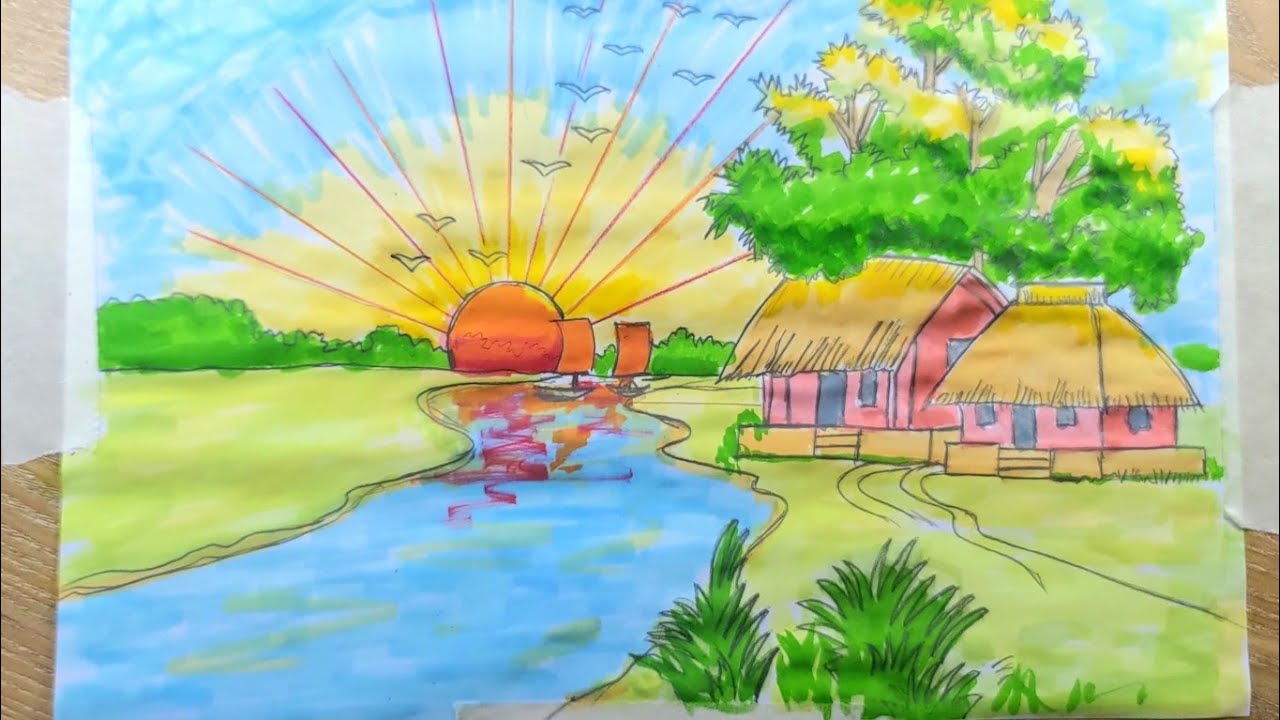 How to draw landscape / scenery of village sunset & river / step by ...