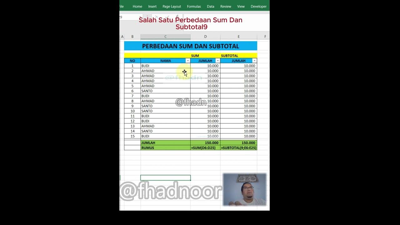 Salah satu Perbedaan SUM dan SUBTOTAL(9; (SUM) #excel #exceltutorial #excelsupport #subtotal ...