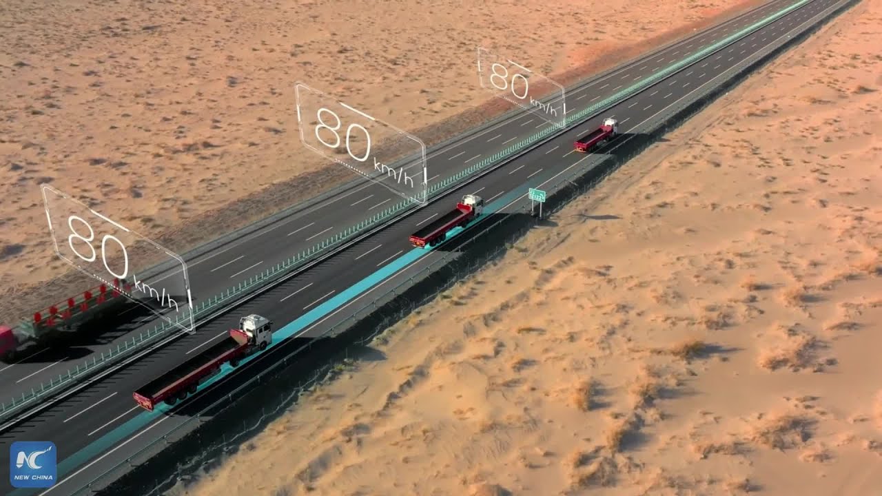 Driverless heavy-duty trucks undergo N China desert test - YouTube