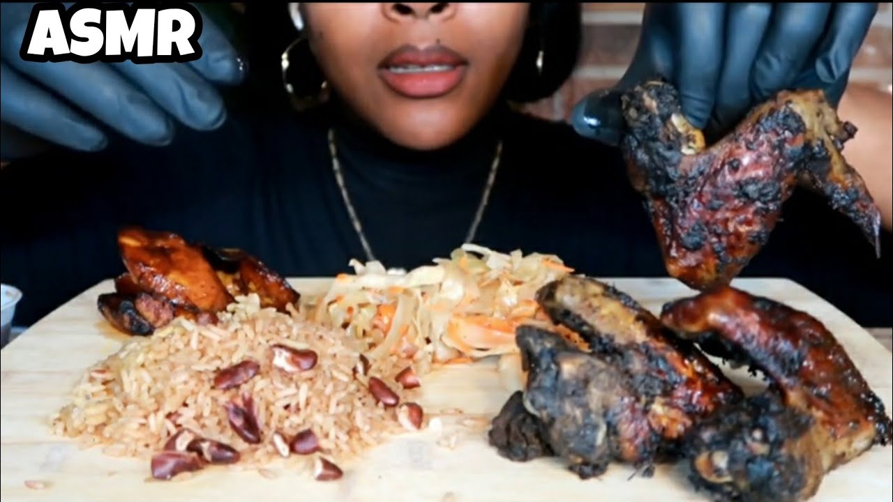 ASMR Jerk Chicken, Rice & Peas, Cabbage and Plantains Mukbang | eating ...
