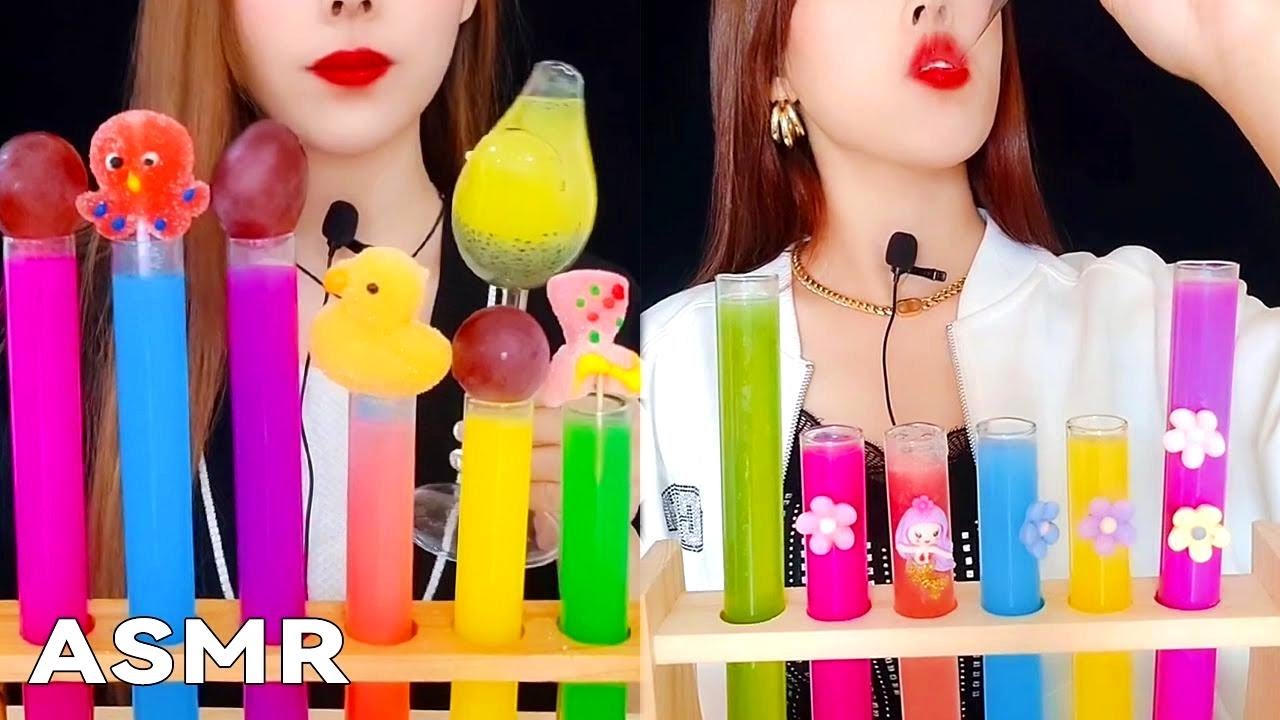 RAINBOW DRINKS | ASMR | SEA GRAPES | DRINKING SOUNDS | BIRD GLASS ...