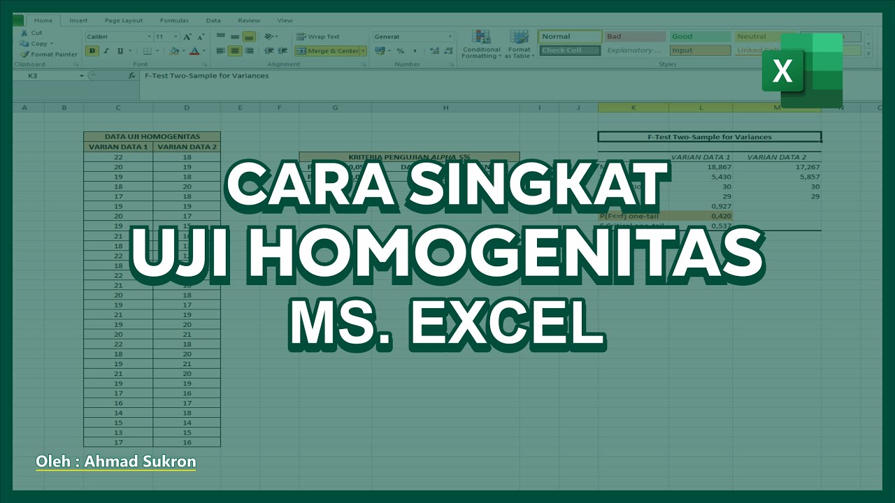 Cara Uji Homogenitas dengan EXCEL ️ F Test Two Sample For Variances ...